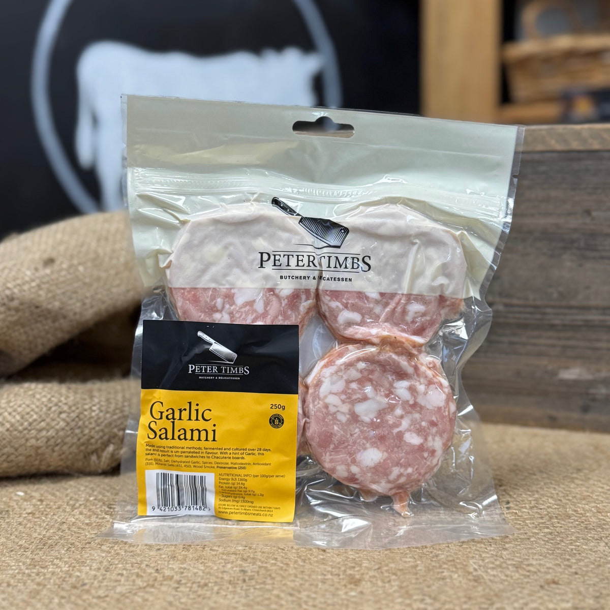 Peter Timbs Garlic Salami, 250g – Over the Moon Dairy